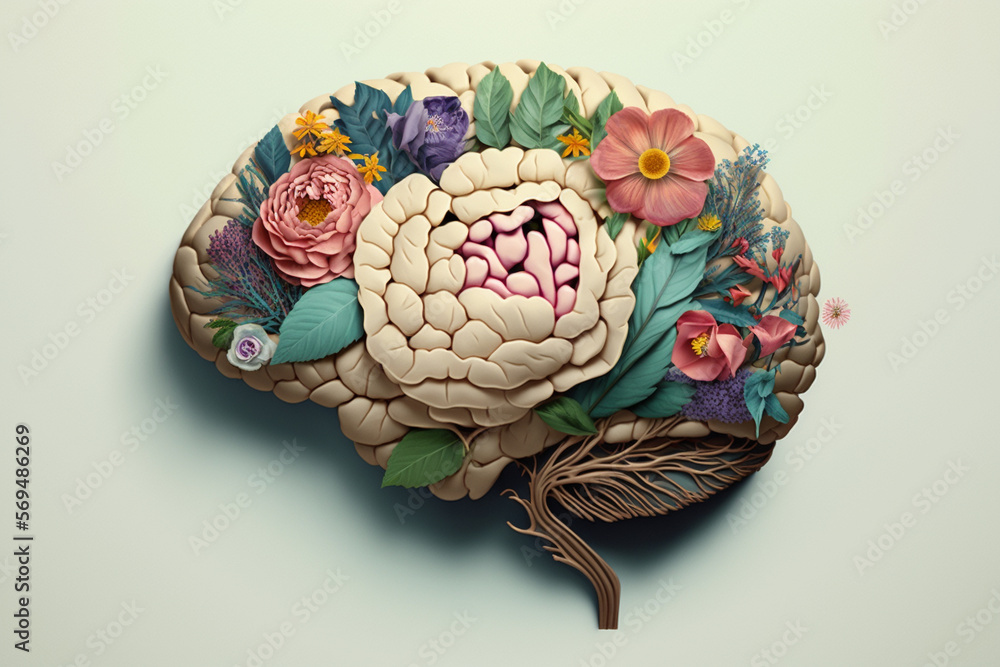 Human brain with spring flowers, symbolising mental health and self ...