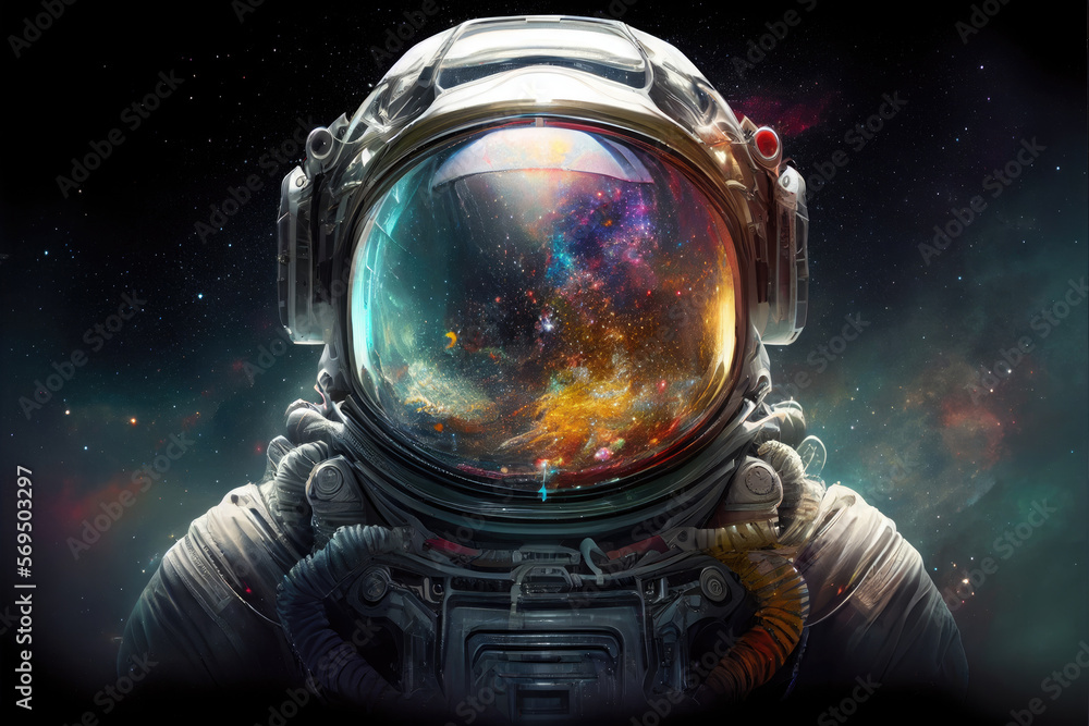 Front view astronaut potrait. Astronaut in space suit with galaxy and nebula reflection in ...