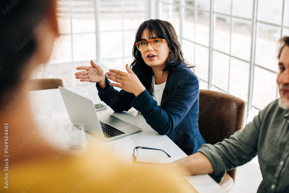 Professional woman talking to her team in an office meeting Stock Photo ...