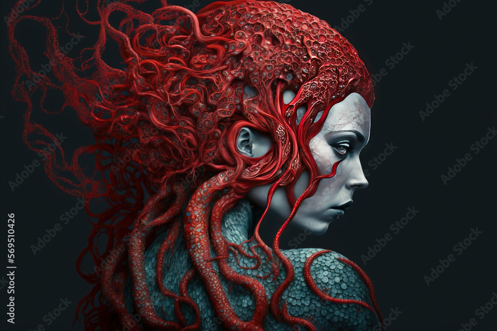 Goddess of the ocean, beautiful girl sea queen in an octopus headdress ...