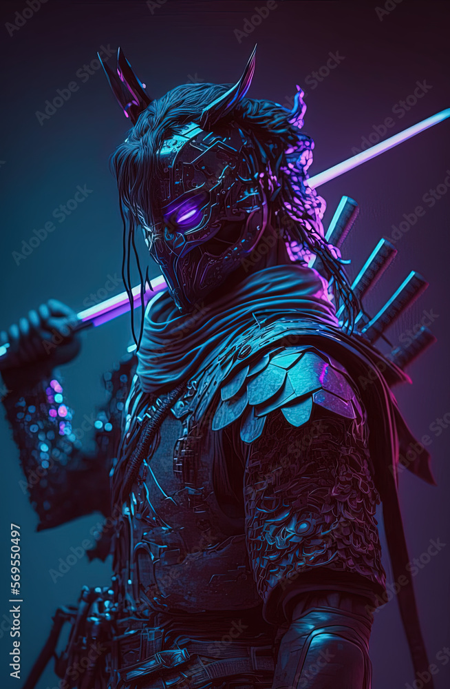 Cyberpunk samurai, neon blue and purple color palette, dynamic pose ...