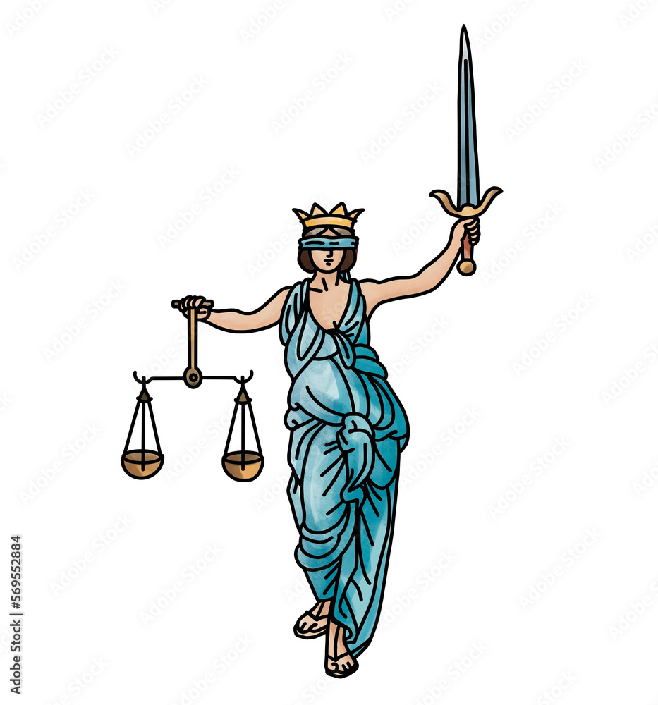 Themis drawing hand colored blue, lady Justice or Justitia with scale ...