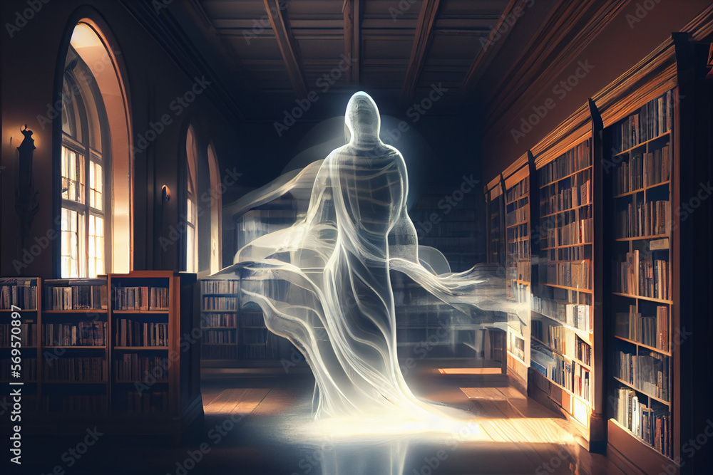 Library ghost. A lonely ghost girl stands in an old abandoned house ...