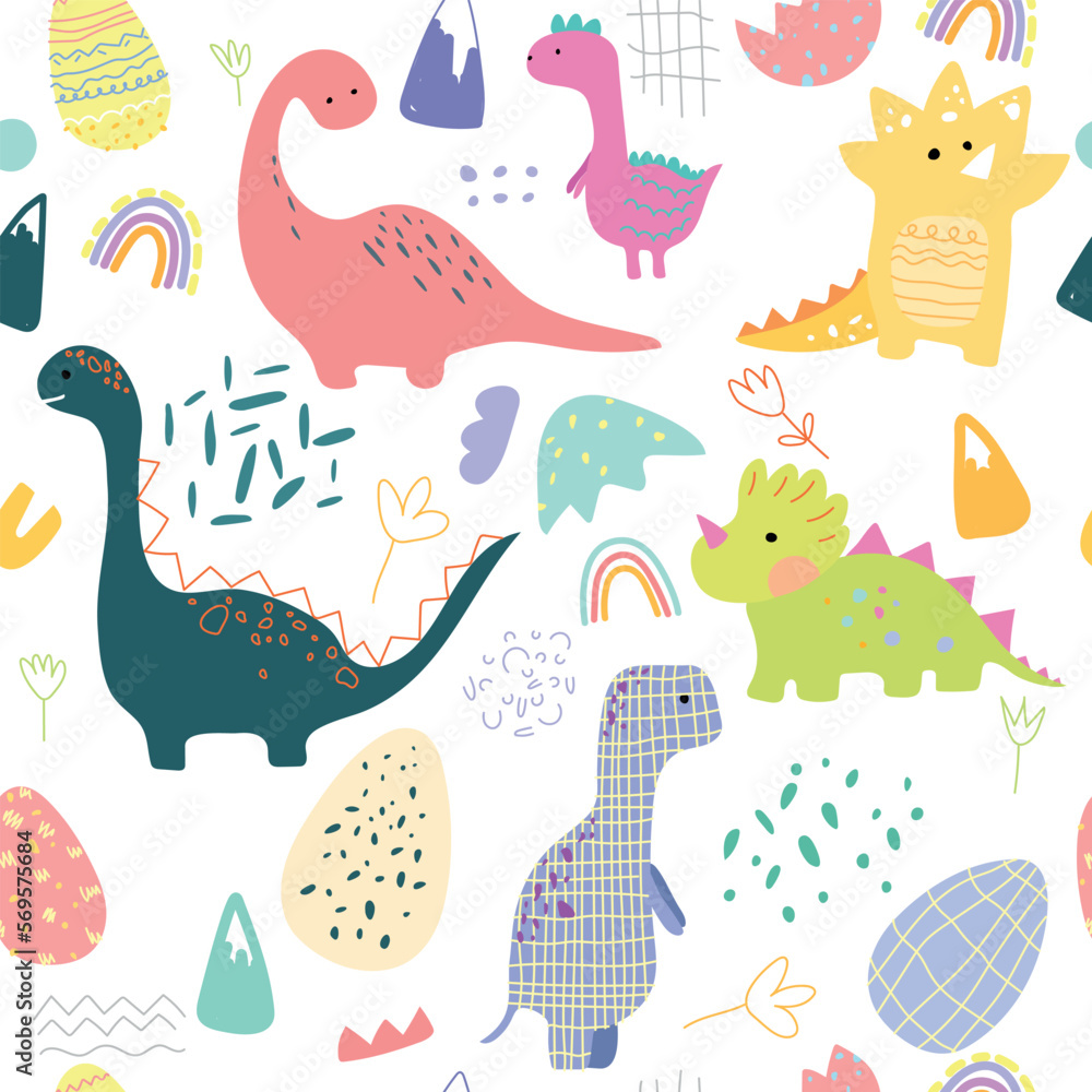 Dino friends. Funny cartoon dinosaurs eggs,polka dots, rainbow . Cute t ...