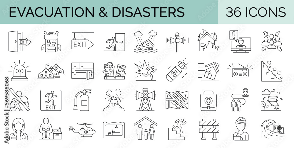 Set of 36 editable stroke icons related to evacuation, disasters ...