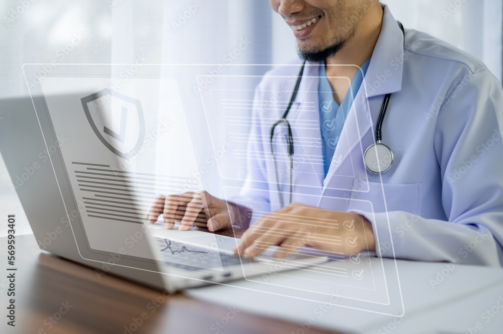 Foto de Stock Documents concept, Doctor use computer connection server ...