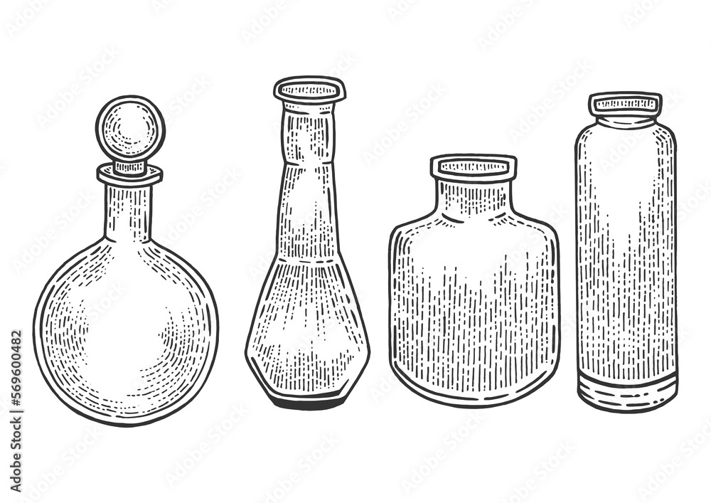 Chemical laboratory flasks sketch engraving PNG illustration with ...