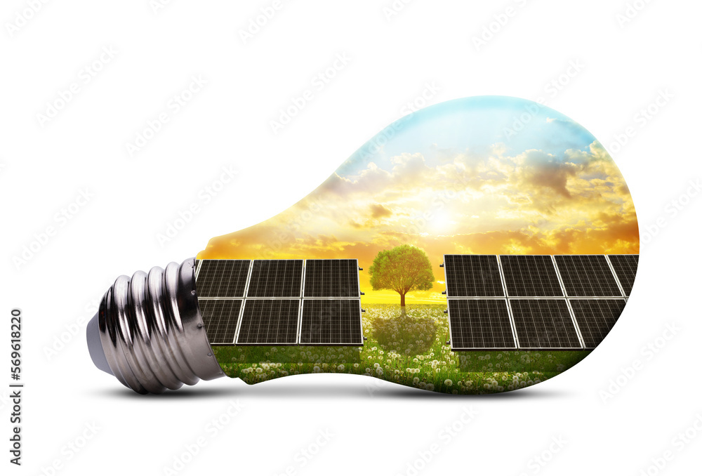 Eco LED light bulb with solar energy panels isolated on transparent ...