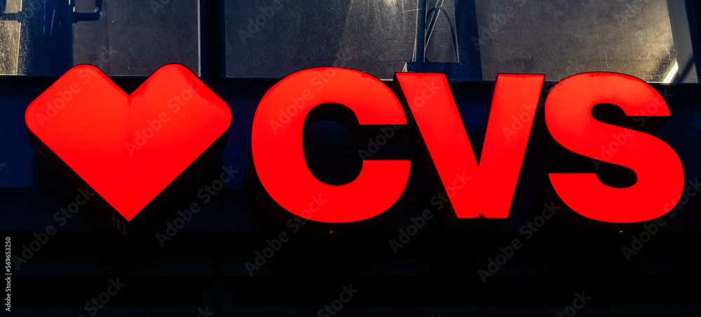 NEW YORK, NEW YORK - JANUARY 11, 2023: CVS logo closeup in downtown New ...