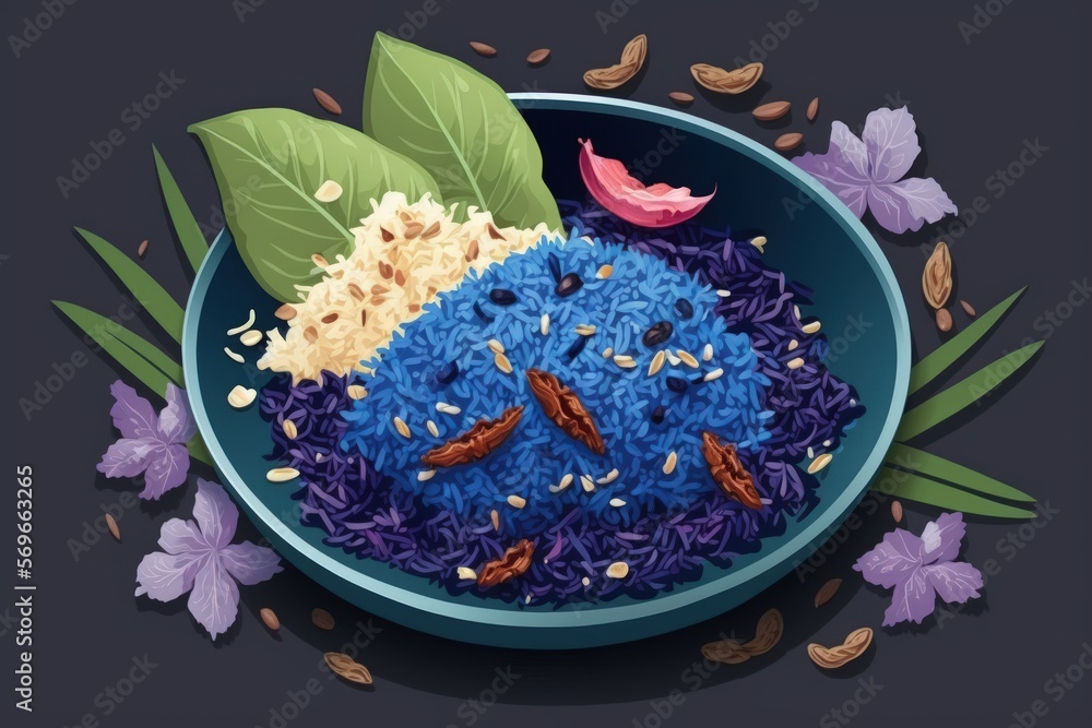 Nasi kerabu or nasi ulam, popular Malay rice dish. Blue color of rice ...