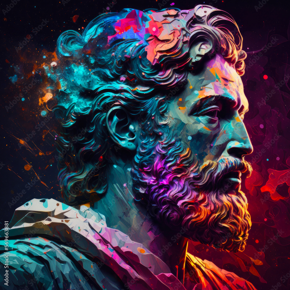 Profile of a mythological greek hero, in space with vibrant and ...
