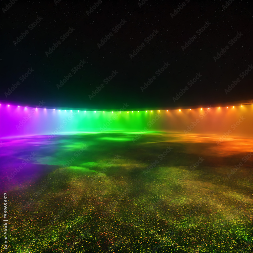 Abstract starry night sky rainbow neon lights asphalt ground landscape ...