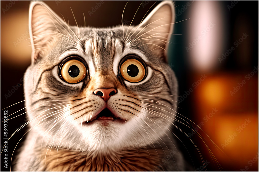Skeptic surprised cat, big eyes closeup, funny face. Cute tabby cat ...