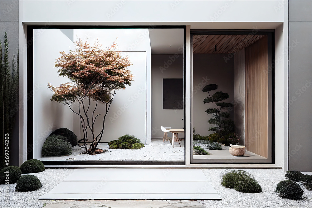Modern house with minimal design and sliding glass door leading to a ...