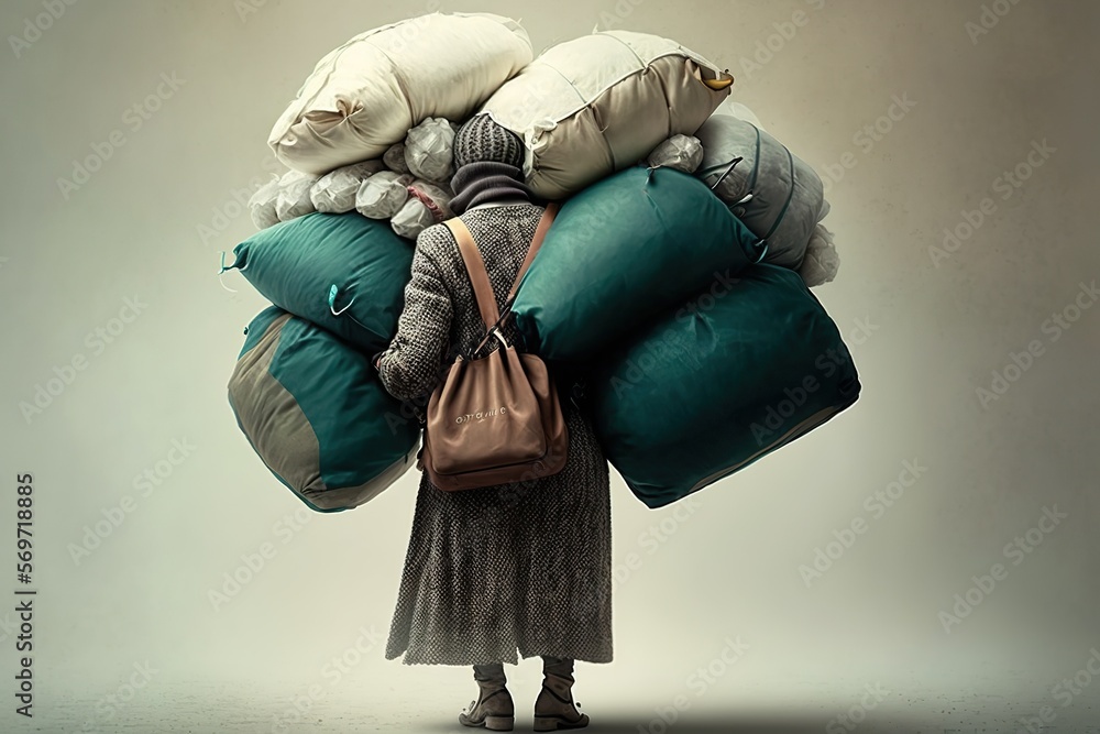 woman carrying many bags in her hands, concept of Carrying a Burden and ...