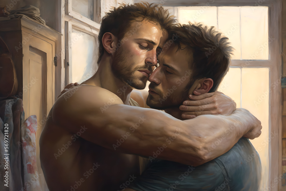 Two gay men, lovers, in an intimate embrace/hug showing great affection ...