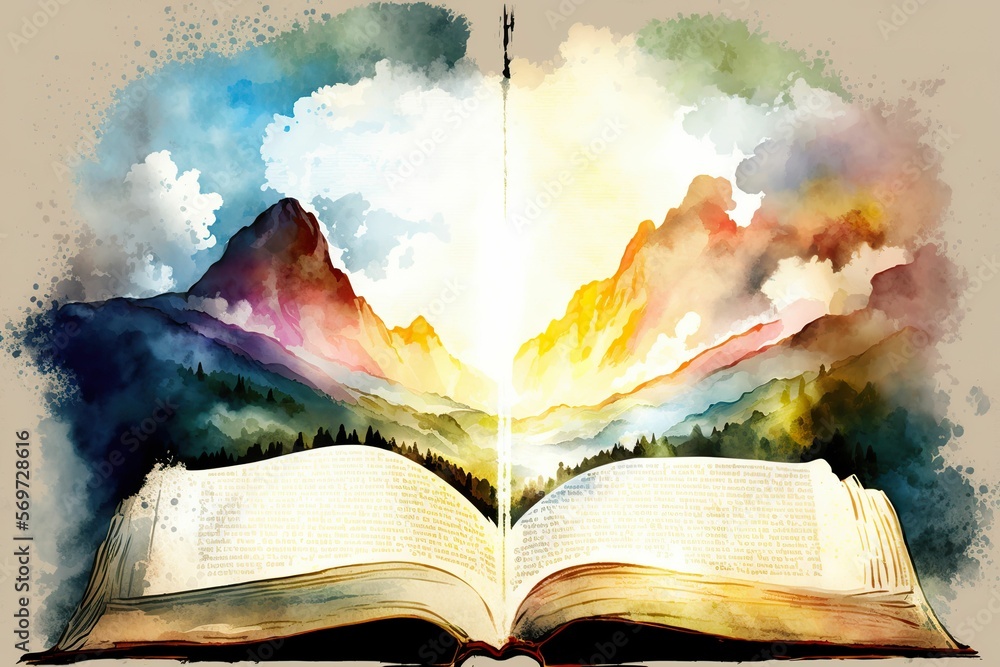 Bible illustration open book landscape art paradise sun light prayer ...