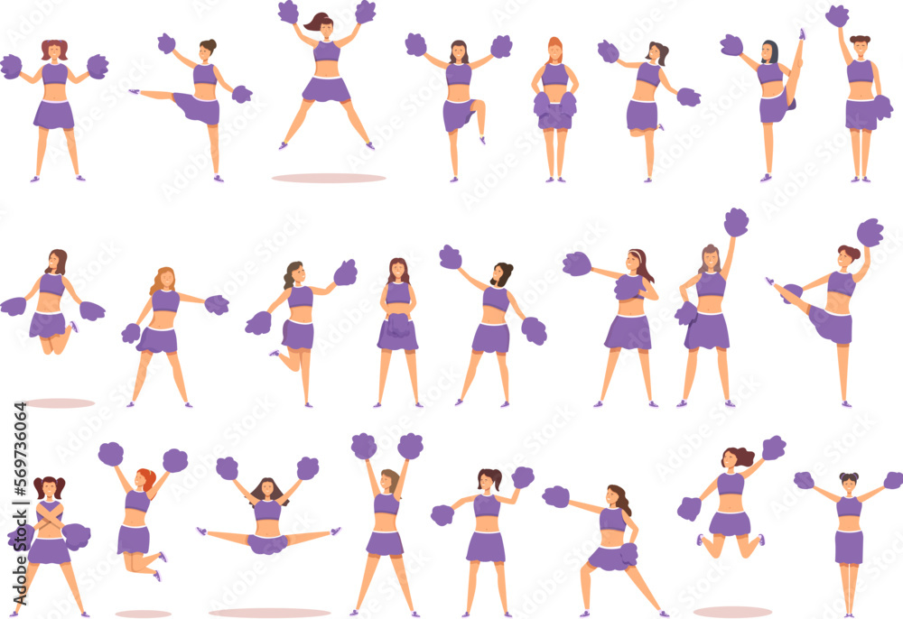 Cheerleading icons set cartoon vector. School girl. Child uniform Stock ...