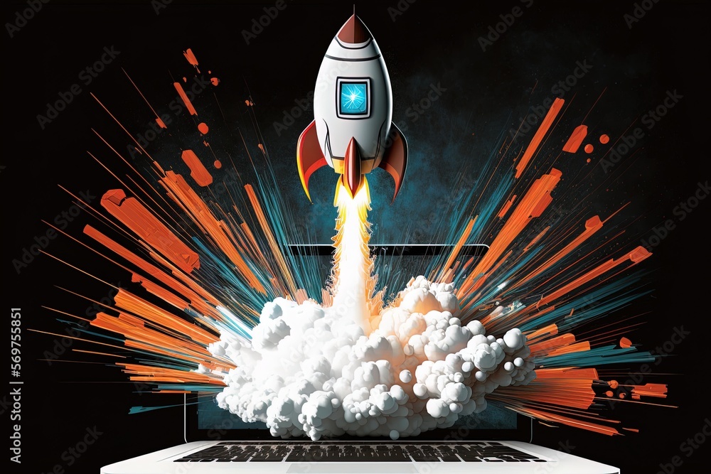 Rocket coming out of laptop screen, black background. AI digital illustration concept of ideas ...