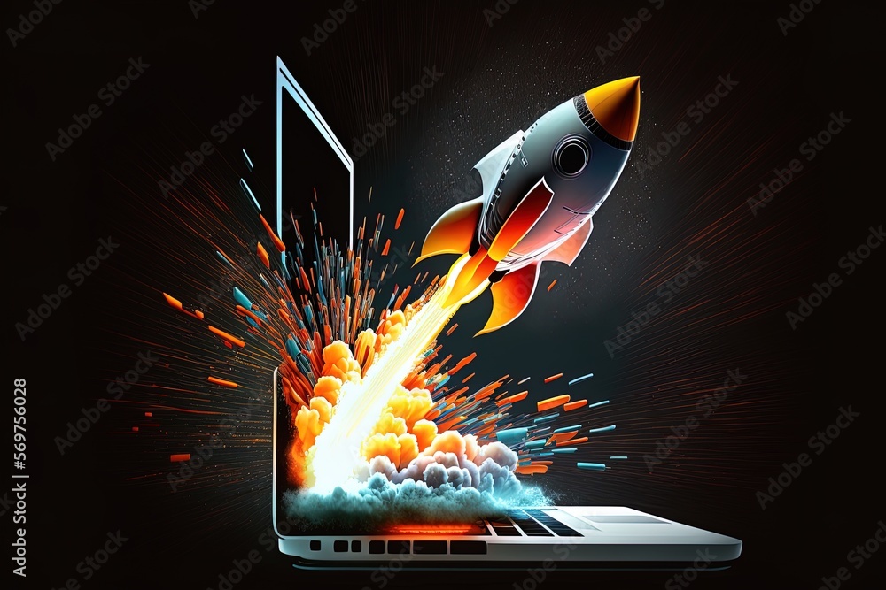 Rocket coming out of laptop screen, black background. AI digital illustration concept of ideas ...