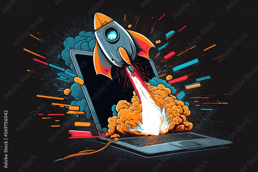 Rocket coming out of laptop screen, black background. AI digital illustration concept of ideas ...