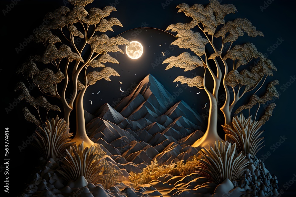 3d modern art mural wallpaper with night landscape with dark mountains ...