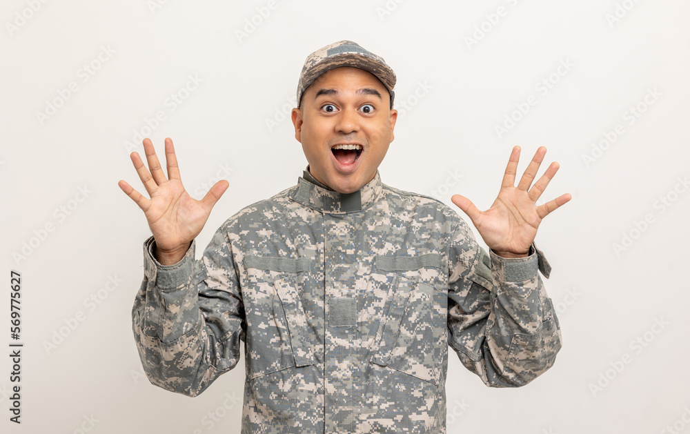 Shocked face Asian man special forces soldier standing against in ...