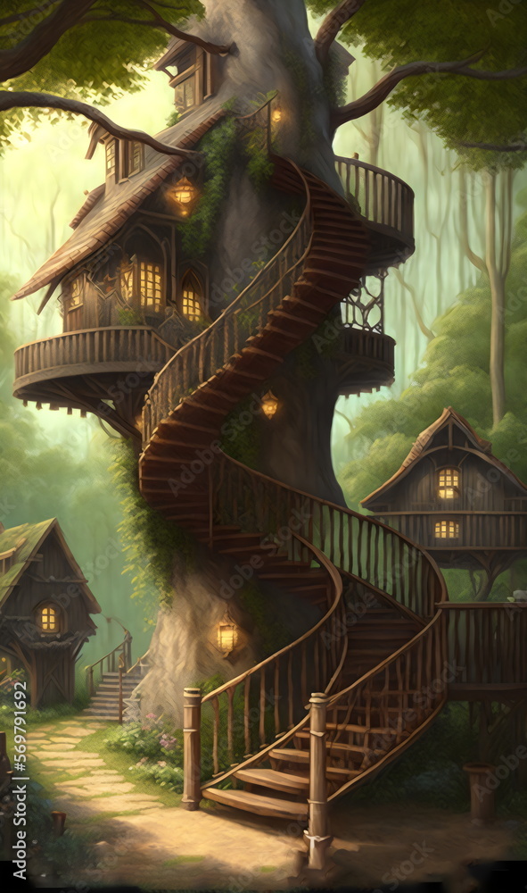 fantasy treehouse village illustration created with generative ai Stock ...