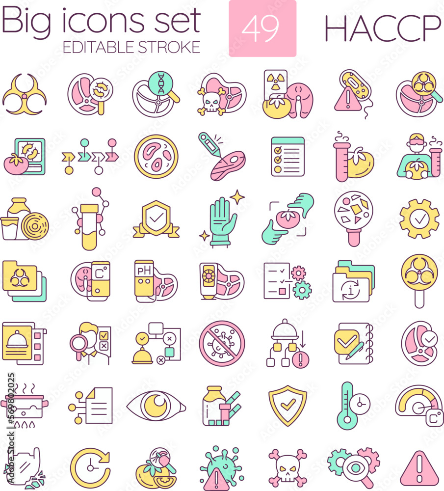 HACCP RGB color icons set. System of food quality control. Products ...