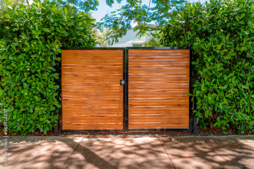 Double gate with wooden panel in the middle of wall plants in a Miami ...
