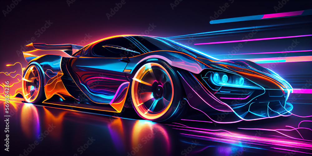 Futuristic Super Car On Neon Highway. Powerful acceleration of a ...