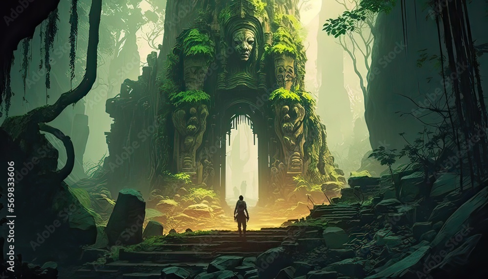 Giant troll guarding a hidden treasure trove. The landscape is a lush ...