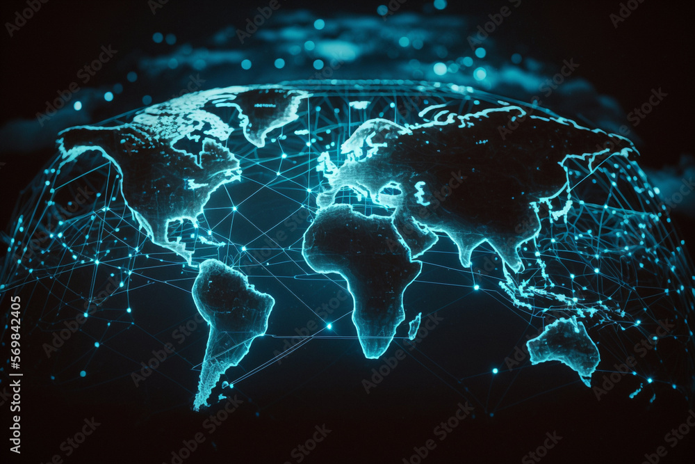 Hologram of network line go around the world for connecting people ...