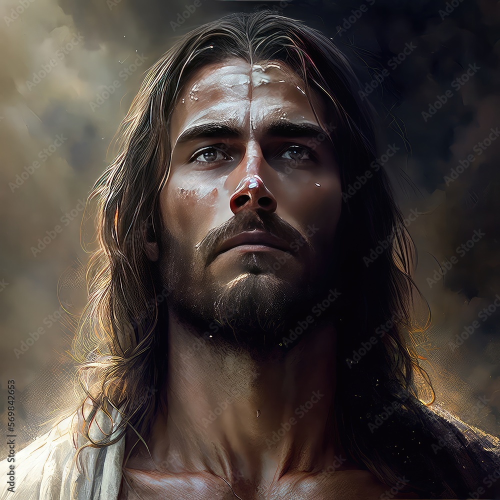 Jesus Christ on the background of fog. Religion, Christianity, holidays ...