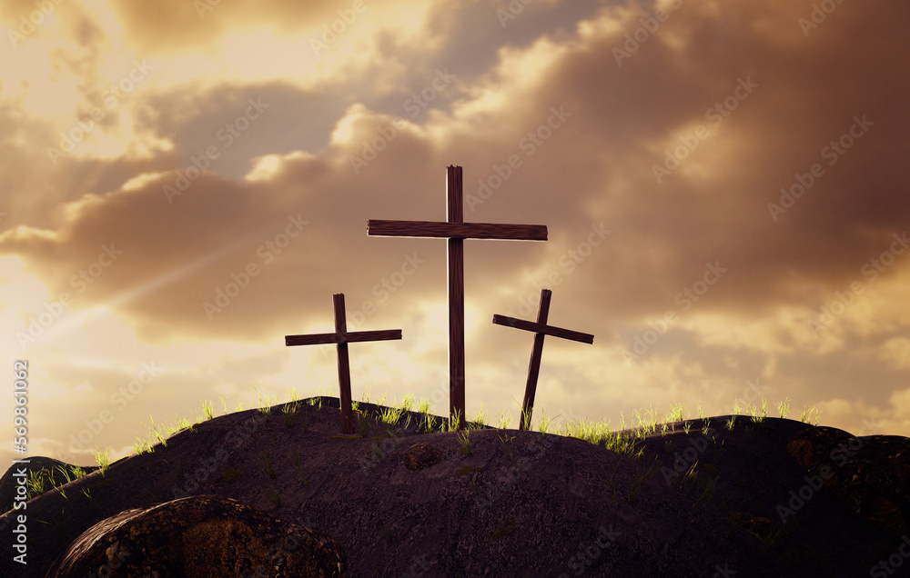 Resurrection of Jesus Christ, crucifixion, sun rising, 3d rendering ...