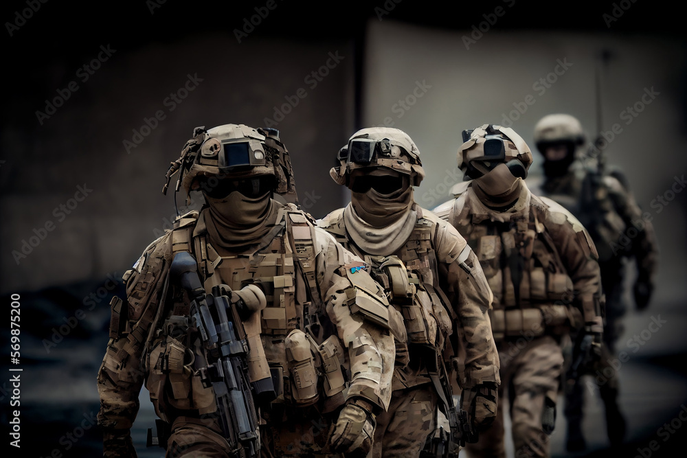 Special forces military units in full tactical gear walking in desert ...