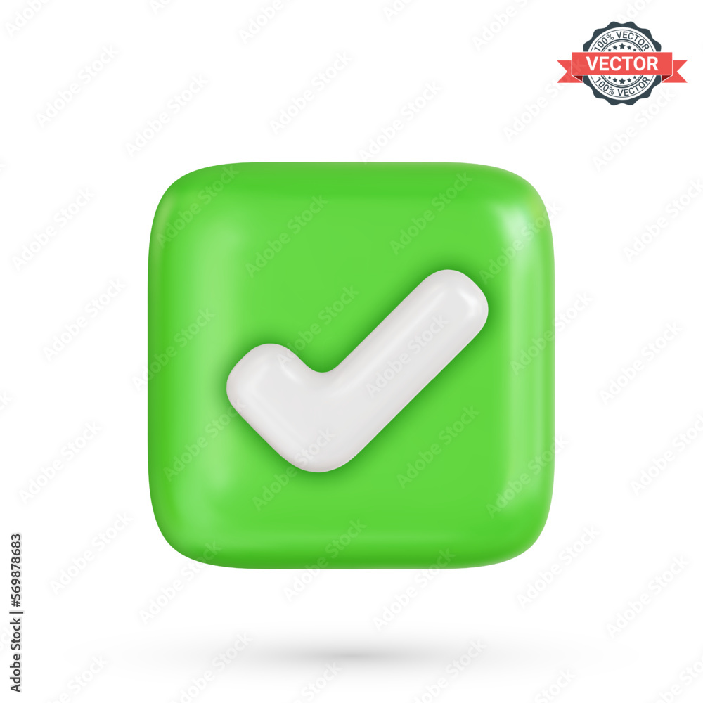 Green check mark button isolated on white background. Realistic 3d ...