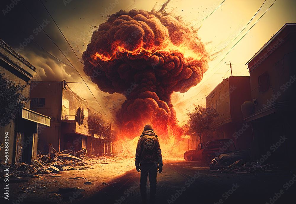 Explosion of building in city as a result of war. Nuclear explosion and ...