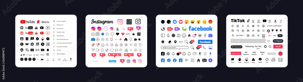 Instagram, Tik Tok, Facebook, YouTube button icon. Set screen social media and social network ...