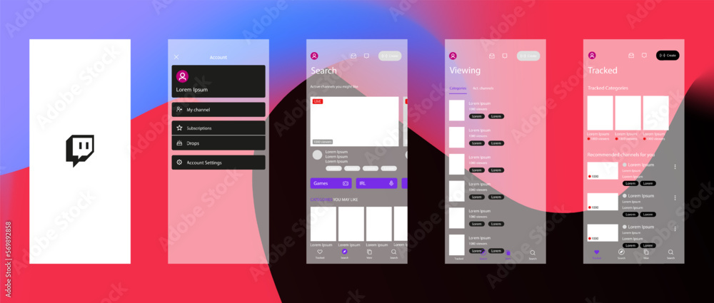 Vetor Twitch mobile interface. Twitch screen social media, streaming platform interface template ...