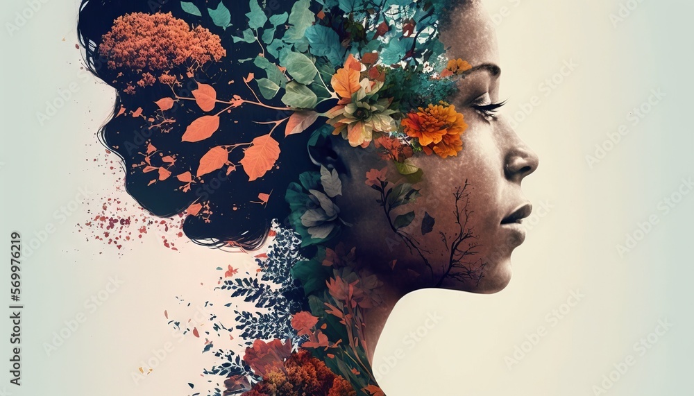 Double exposure woman profile and flowers mental health women's day ...