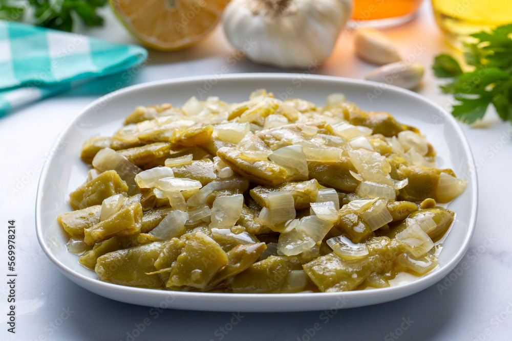 Traditional delicious Turkish food; bean pickle roast. Plate of pickle ...