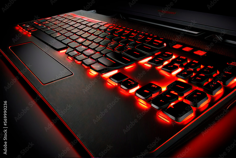 Ilustrace Generative AI, backlit gaming laptop keyboard, bright backlit ...