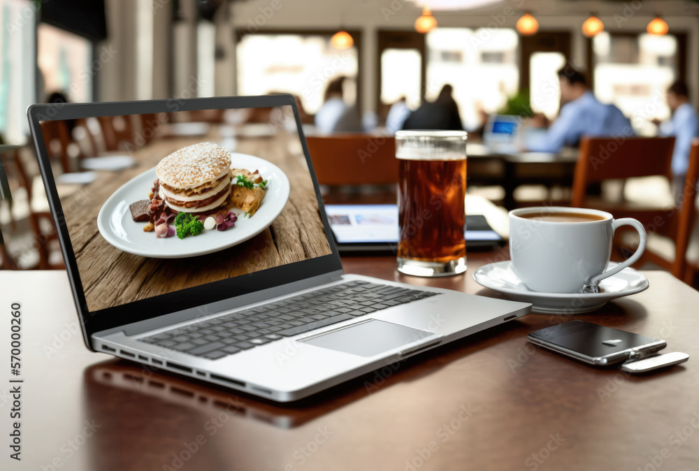 laptop on a restaurant table with a burger on the screen, concept of ...