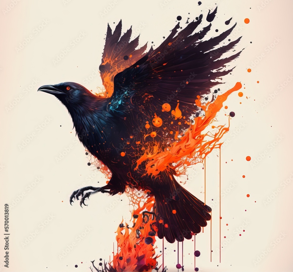Tempera Painting of a flaming raven. ink drops and brush strokes Stock ...