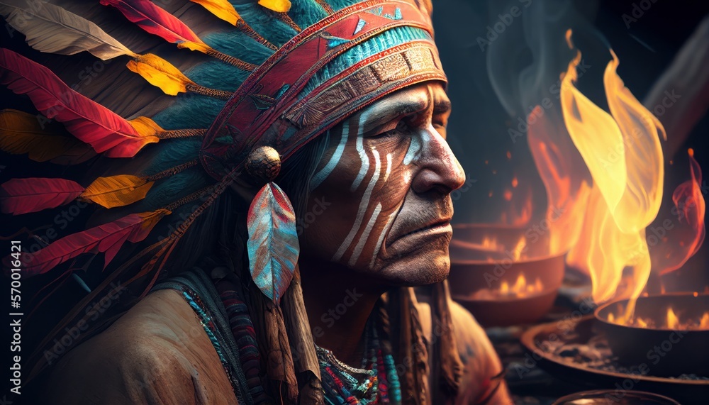 Native American Shaman in Contemplation during Fire Ceremony - Indian ...