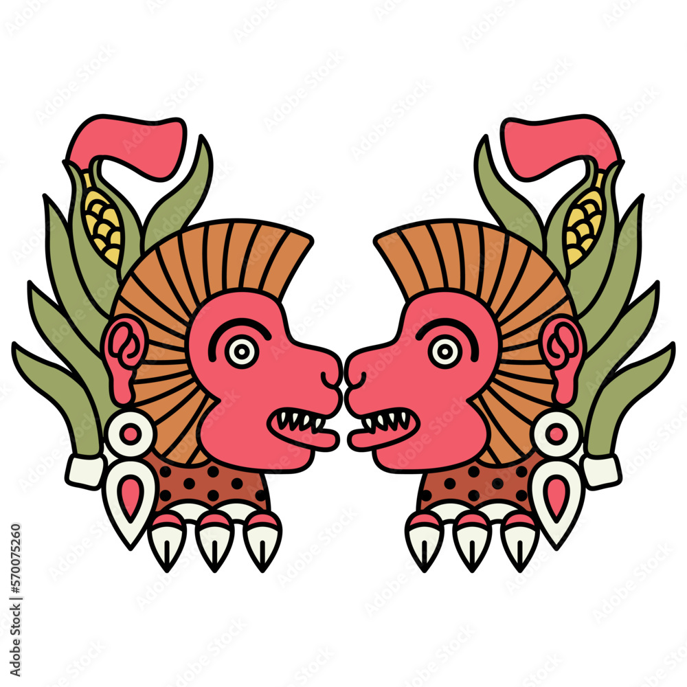 Symmetrical animal design with two heads of monkey wearing earring and ...