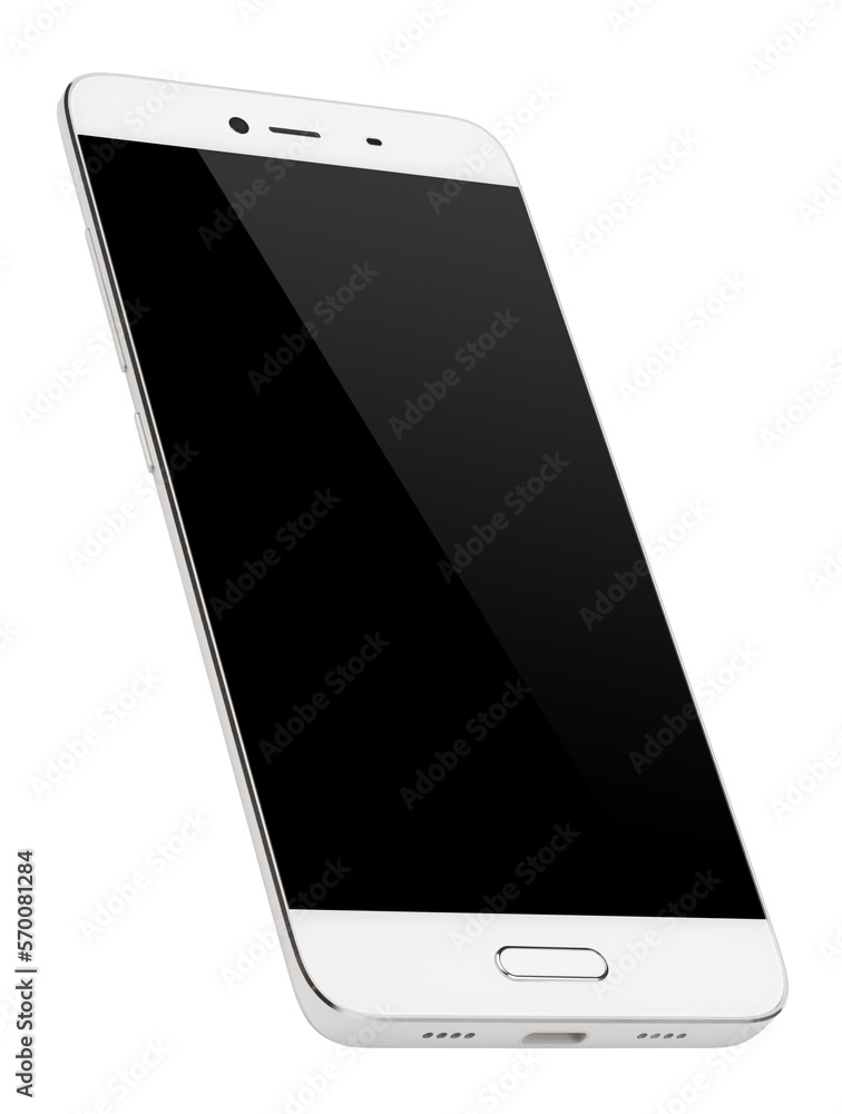 Modern white smartphone with empty black screen isolated on transparent ...