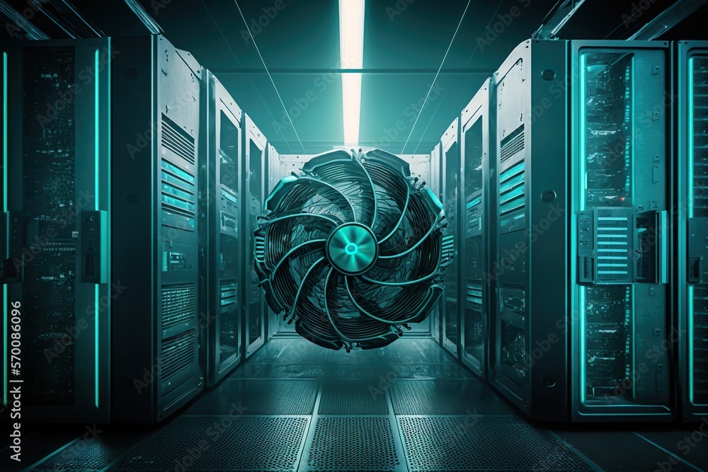 Industrial ventilator cooling a large computer server room, concept of ...