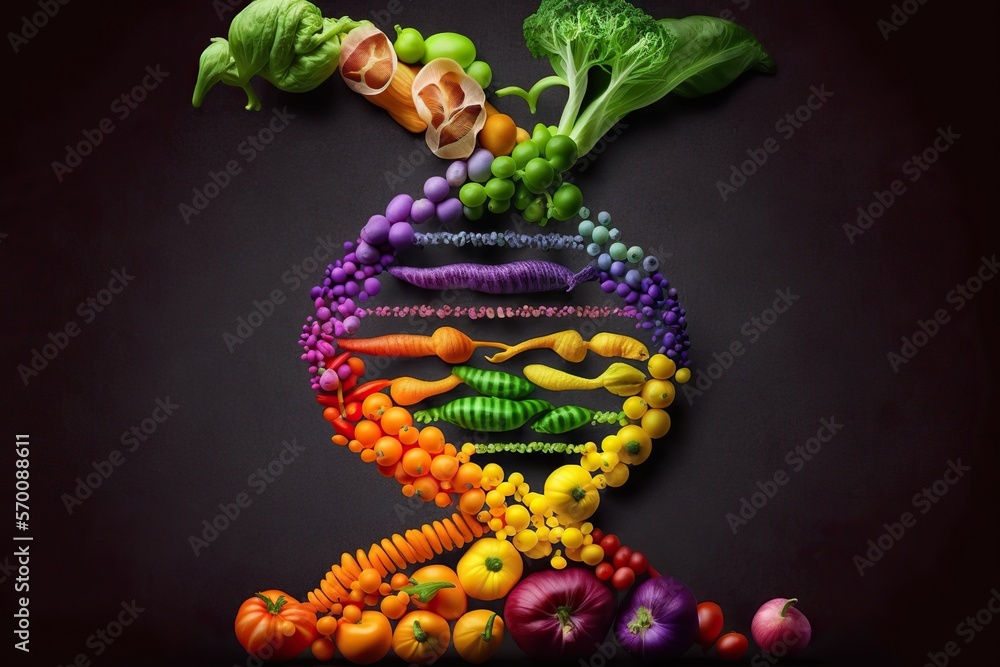DNA helix made from colorful vegetables, concept of GMO, Healthy Eating ...